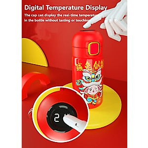 Chinese Red Water Bottle, Chinese Insulated Water Bottle, The Quick Flip 14oz Stainless Steel Thermos for Cold/Hot Beverages, Digital Temperature Display, Gift Packaging