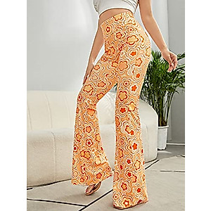 WDIRARA Women's Heart Print Elastic High Waist Flare Leg Stretch Casual Pants Floral Multicolor S