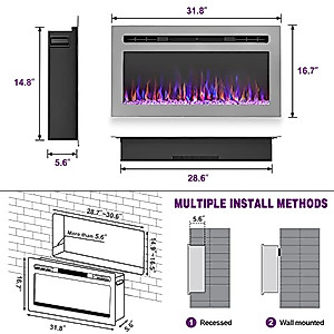 Ooiior 31 Inch Electric Fireplace with Remote Control, Recessed and Wall Mounted Ultra-Thin Fireplace Heater and Linear Fireplace, with Timer, Adjustable Flame Color, 750/1500W