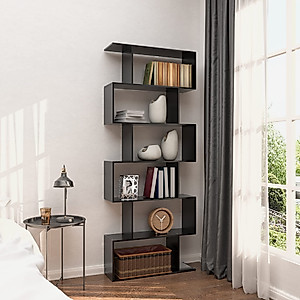 Yusong Bookshelf 6-Tier, Geometric Bookcase S Shaped Book Shelves and 3 Tier End Table, Tall Side Table with Storage Cabinets,Black