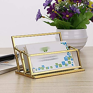 Hipiwe 2 Slots Glass Business Card Holder Stand - Gold Metal Frame Name Card Display Stand Business Name Card Organizer for Office Tabletop,Fits 80-100 Business Cards