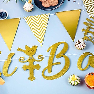 Gold Glitter Mi Bautizo Banner Mi Bautizo Cake Topper Decorations Glitter Triangle Flag Banner First Holy Communion Decorations for Baby Shower Baptism Girls boys Christening Celebration Decor