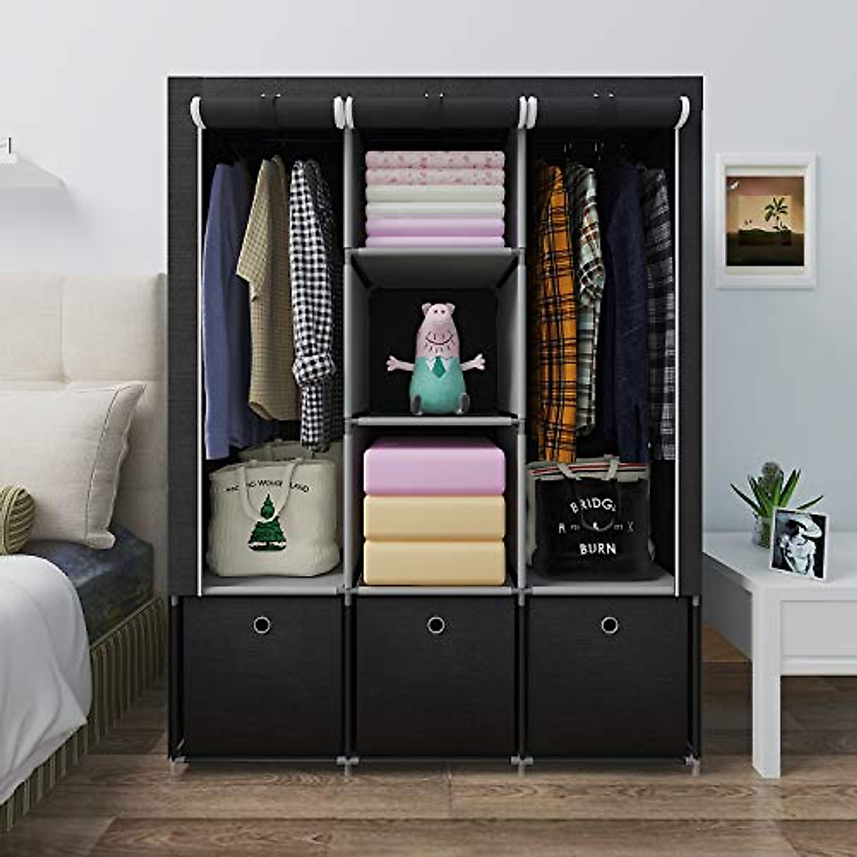 GHQME Fabric Wardrobe with 3 Drawers, Portable Clothes Closet Storage Organizer with Compartments and Rods (Black, 49.2” x 17.3” x 63.8”)