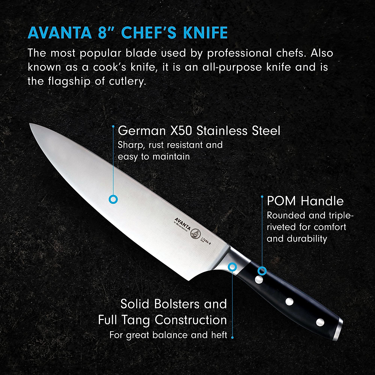 Messermeister Avanta 8” Chef’s Knife - German X50 Stainless Steel - Rust Resistant & Easy to Maintain