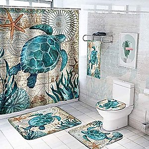 Nautical 5 Pcs Sea Turtle Shower Curtain Set with Rugs and Towels Include Non-Slip Rugs, Toilet Lid Cover and Bath Mat Ocean Waterproof Shower Curtain Sets with 12 Hooks