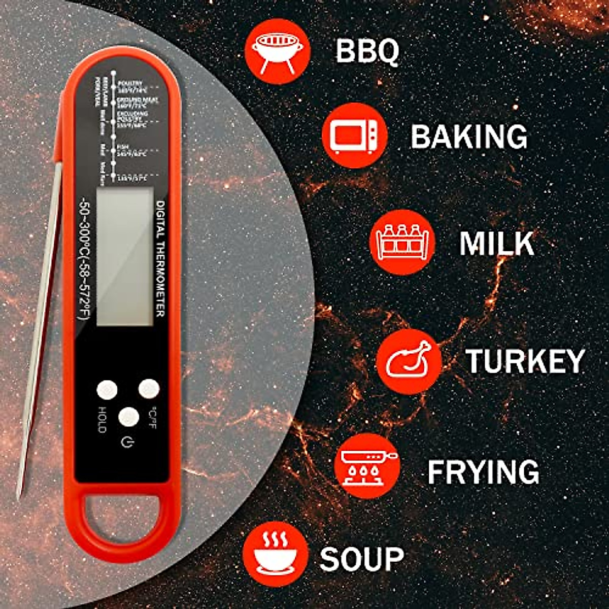 GR Smith - Digital Meat Thermometer - Fast & Precise Food Thermometer with Magnet - Foldable Probe - Grill & Cooking - Outdoor Camping & Kitchen Accessories - Water Resistant - Red