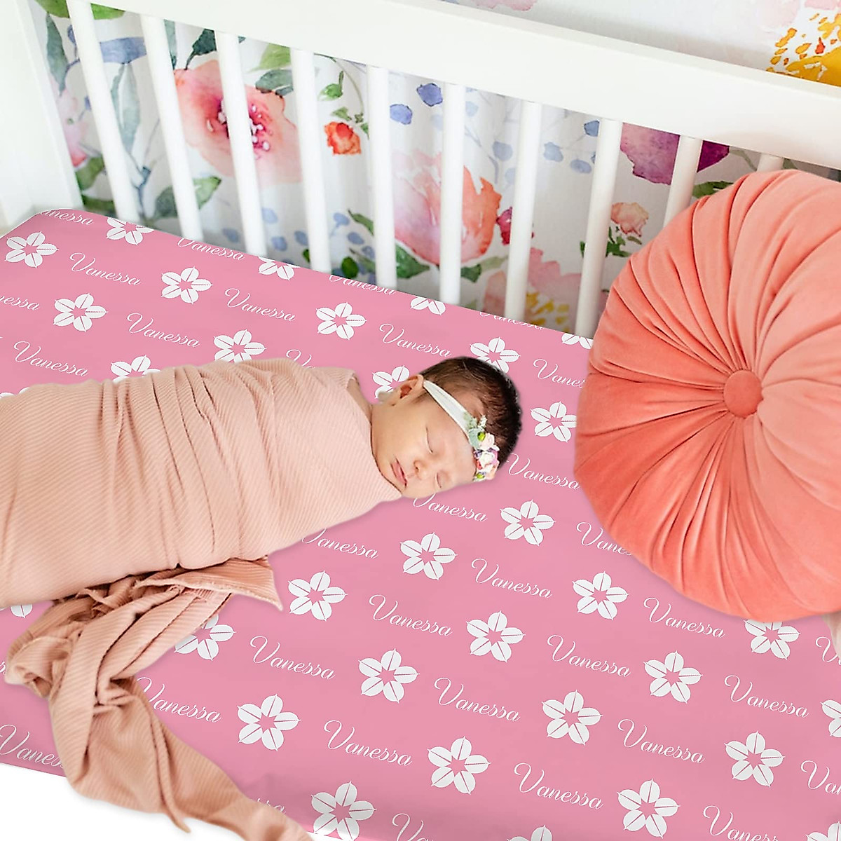 Noverbibi Personalized Crib Bedding Sheets with Baby Name and Icon , Design Your Baby Own Fitted Sheet, Custom Portable Crib Mattress Topper for Baby Boys Girls, Mini Crib Sheet | Name Crib Sheets