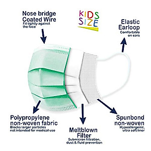 DermSource MADE IN USA - Kids 3-Layer Disposable Face Masks - Breathable Face Covering for Boys and Girls (25 Kids Masks - Green)