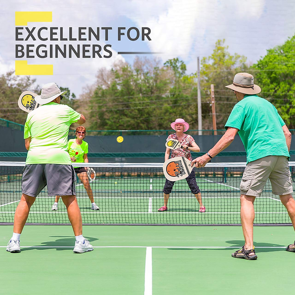 Wood Pickleball Paddles 4 Pack, Wooden Pickleball Set with 1 Carry Bag and 6 Balls, 7-ply Basswood, Pickleball Rackets with Ergonomic Cushion Grip, Pickleball Rackets, Yellow and Orange