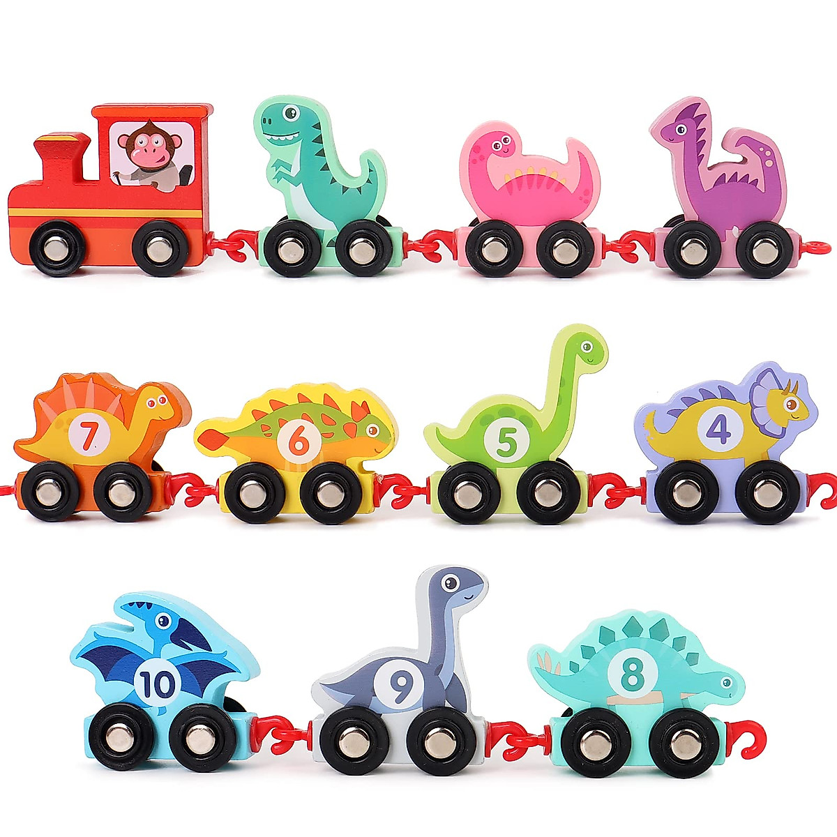 BESTAMTOY Wooden Colorful Dinosaur Number Train Toys Matching Sequencing Games Recognition Educational Learning Counting Set Building Blocks Kit