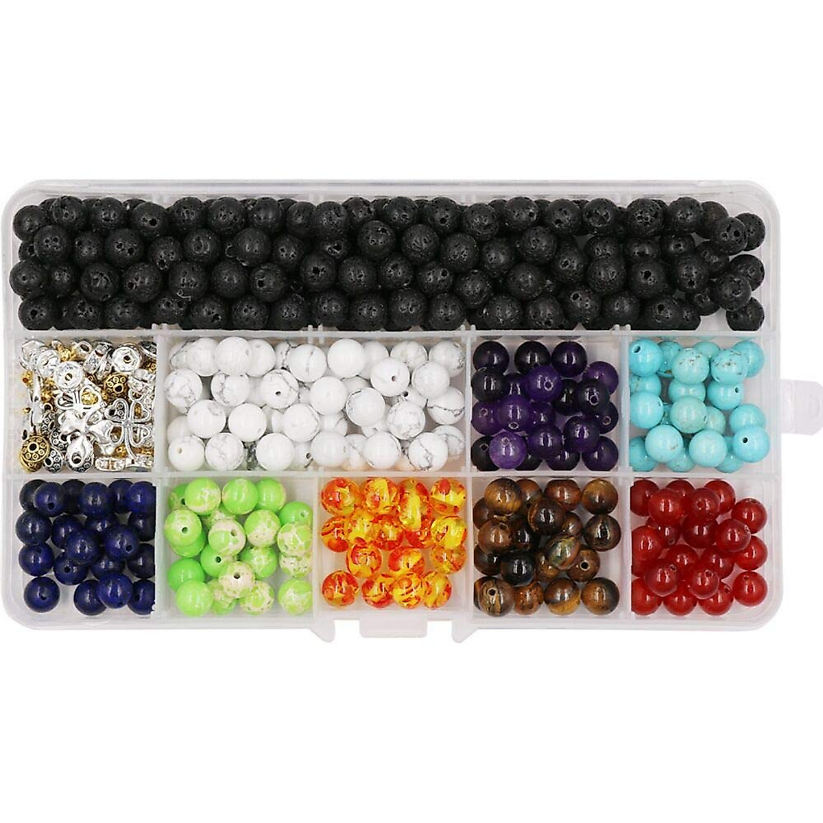 Geemfi 300pcs Chakra Bead Lava Bead Stone Beads Kits Chakra Bracelet Kits for Necklace Earring Bracelet with 1 Scissors 2 Roll Elastic Stretch String 50pcs Pendant Accessories