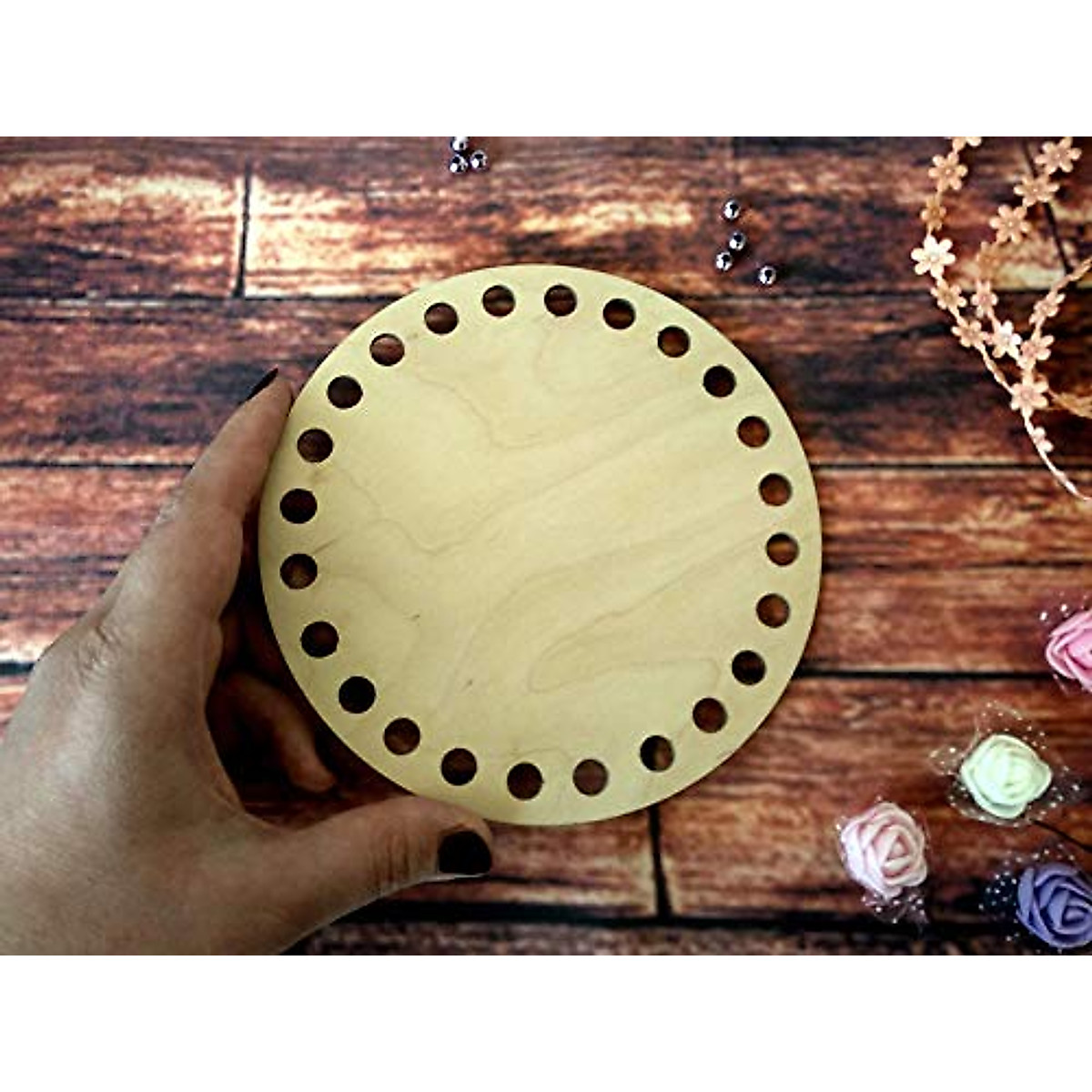 Basket bottom 6 inch 15 cm small Ornament. Wooden Cross Stitch Yarn Holder organizer base