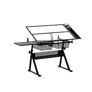 LiviNest Height Adjustable Drafting Table - Modern Tempered Glasses Artist Drawing Table Tilted Tabletop with Chair - Glass Topped Art Desk Work Station with Stool for Home Office Black