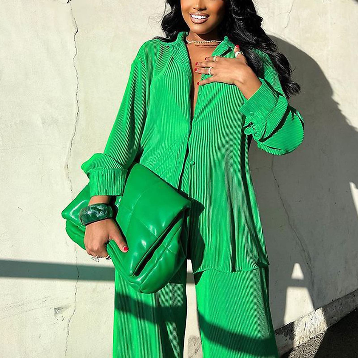 Womens 2 Piece outfits - Long Sleeve +Short Pants Button Blouse Top Wide Leg Loose Streetwear Loungewear