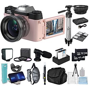 eDealz 4K 48MP Digital Camera Kit for Photography, Vlogging for YouTube w/Flip Screen, WiFi, Wide Angle Lens, Filters, 2X 64GB Micro SD Cards, 50" Tripod, Case, Card Reader, Microphone, LED (Pink)
