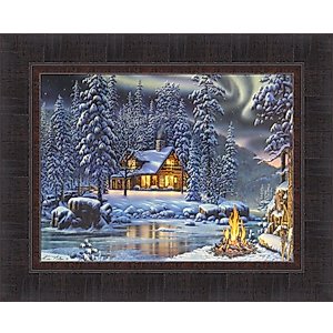 Aurora Fire by Kim Norlien 17x21 Log Cabin Winter Snow Northern Lights Campfire Shoes River Night Framed Art Print Picture