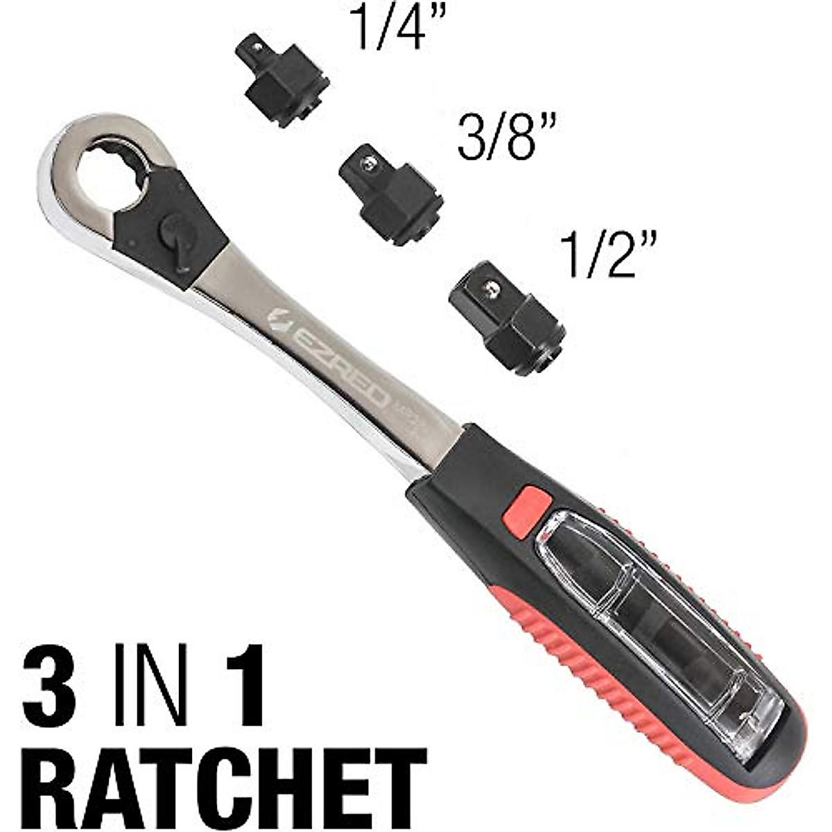 EZRED 3-in-1 Ratchet Set with 1/4, 3/8, 1/2-Inch Drive Heads with quick release and 72 teeth great for home DIYâ€™ers and professionals