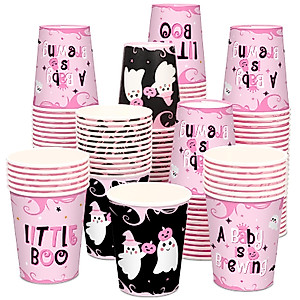 120 Pack Halloween Baby Shower Cups Disposable A Baby Is Brewing Cups Halloween Little Boo Baby Shower Decorations Halloween Gender Reveal Party Supplies Halloween Cups 9 oz for Adults(Pink)
