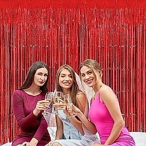 3 Pack Red Thicken Foil Fringe Curtains Decorations 3.2x8.2ft, Photo Backdrop for Birthday Bachelorette Bridal Shower Baby Shower Graduation Party, Party Streams Decor