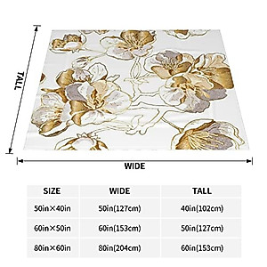Blanket,Silver White with Light Gold Cherry Flowers Black Sakura Floral,Throw Blanket Lightweight Soft Warm Blanket Flannel Fleece Blankets for Couch Living Room 80"x60"