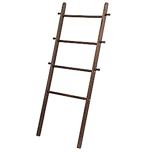 MyGift 5 Ft Tall Dark Brown Solid Wood Wall Leaning Blanket Ladder, Farmhouse Bathroom Towel Rack 4 Rungs and 6 Pegged Hooks