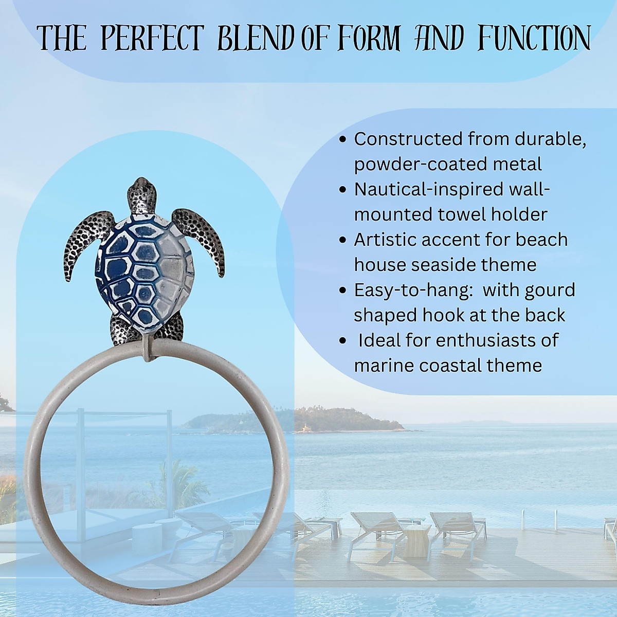 Metal Sea Turtle Towel Ring Wall Mount - Beach House Inspired, Coastal Themed Towel Holder - Nautical Bathroom Decor and Accessories - Ideal for Marine Tropical Life Lovers