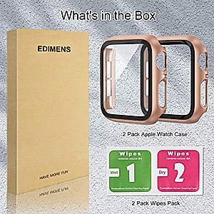 EDIMENS 2 Pack Hard PC Case Compatible with Apple Watch Series 6 / SE / 5/4 40mm Women Men, Overall PC Case Slim Tempered Glass Screen Protector Protective Cover for Apple iWatch 40mm SE Rose