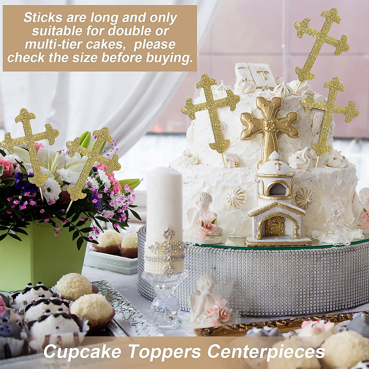 Menkxi 30 Pcs Baptism Gold Glitter Cross Centerpiece Sticks 10" Double Side Cross Baby Shower Cake Toppers Centerpieces for Tables Wedding Birthday Party Religious Christening Decoration