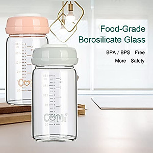 COMI Wide Neck Glass Breastmilk Collection n Storage Bottle, 4 Packs, 6oz with Screw Ring Sealing Disk; Re-markable Sealing Disc. BPA Free, Fits Breast Pumps & Nipples (2 Gray Lids + 2 Pink Lids)