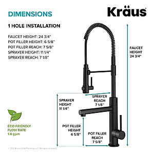 KRAUS Artec Pro Commercial Style Pre-Rinse Single Handle Kitchen Faucet with Pot Filler in Matte Black, KPF-1603MB