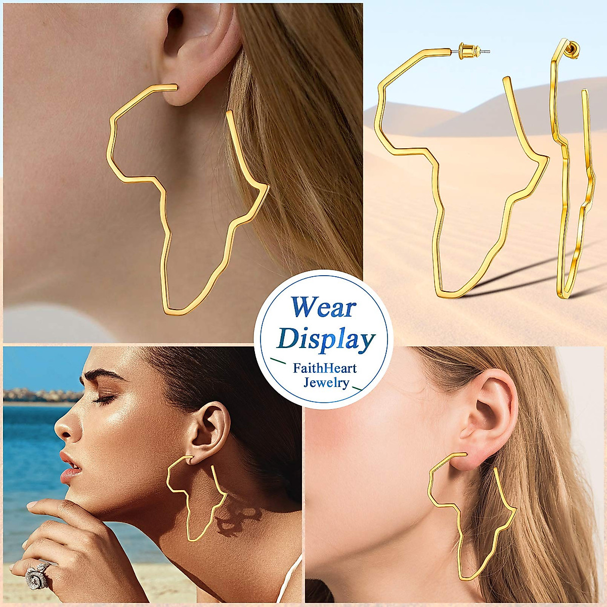 FaithHeart African Earrings Lightweight Gold Hoop Earrings for Women 18K Gold Plated Stainless Steel Women's Drop & Dangle Earrings African Map Shaped Trendy Jewelry