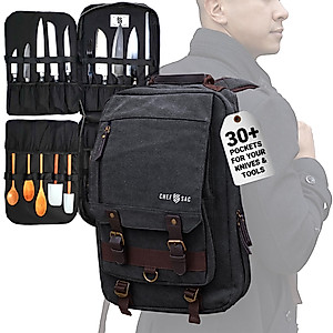 Chef Knife Bag Retro Backpack | 20+ Slots for Knives and Chef Tools | Knife Carrying Case with Hidden Back Pocket for Tablet | Sturdy Knife Bags For Chefs & Culinary Students | Premium Canvas (Black)