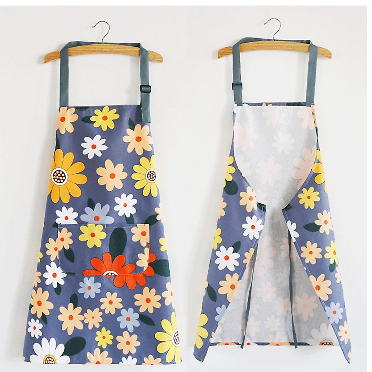 2 Packs Kitchen Bib Aprons for Women with Pockets Cute Sunflower Floral Blue Grey Adjustable Cotton Canvas Flower Chef Cooking Apron for Cooking Baking Gardening Birthday Gifts for Mom Wife Grandma