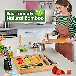 Bamboo Ziplock Bag Organizer - Foil and Plastic Wrap organizer with cutter - Holds up to 12” rolls - Baggie Organizer for Gallon, Quart, Sandwich, Snack Bags - Kitchen Organization - Drawer organizer