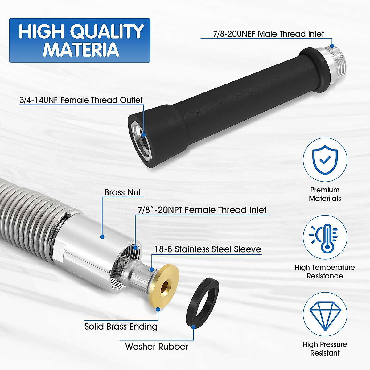 44” Stainless-Steel Pre Rinse Hose with Heat Resistant Black Handle for Commercial Kitchen Sink Faucet Dish Washing Sprayer Hose Replacement Kit