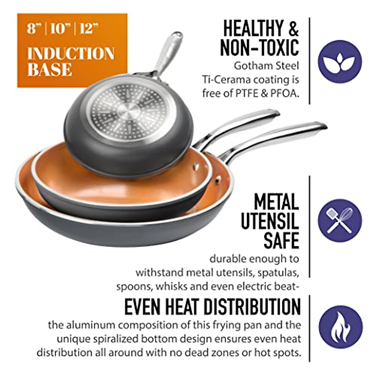 Gotham Steel Hard Anodized 8” 10” & 12” Premium Chef’s Skillet Set, with Ultimate Nonstick Ceramic & Titanium Coating, Oven and Dishwasher Safe, Brown, Large