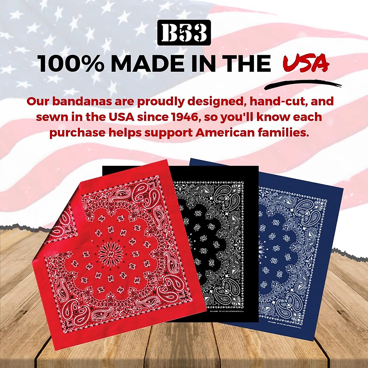 B53 100% Cotton Bandanas Made in the USA - Stylish Headband, Handkerchief, Scarf - 21 inch x 21 inch (Red, Navy, Black (3-pack))