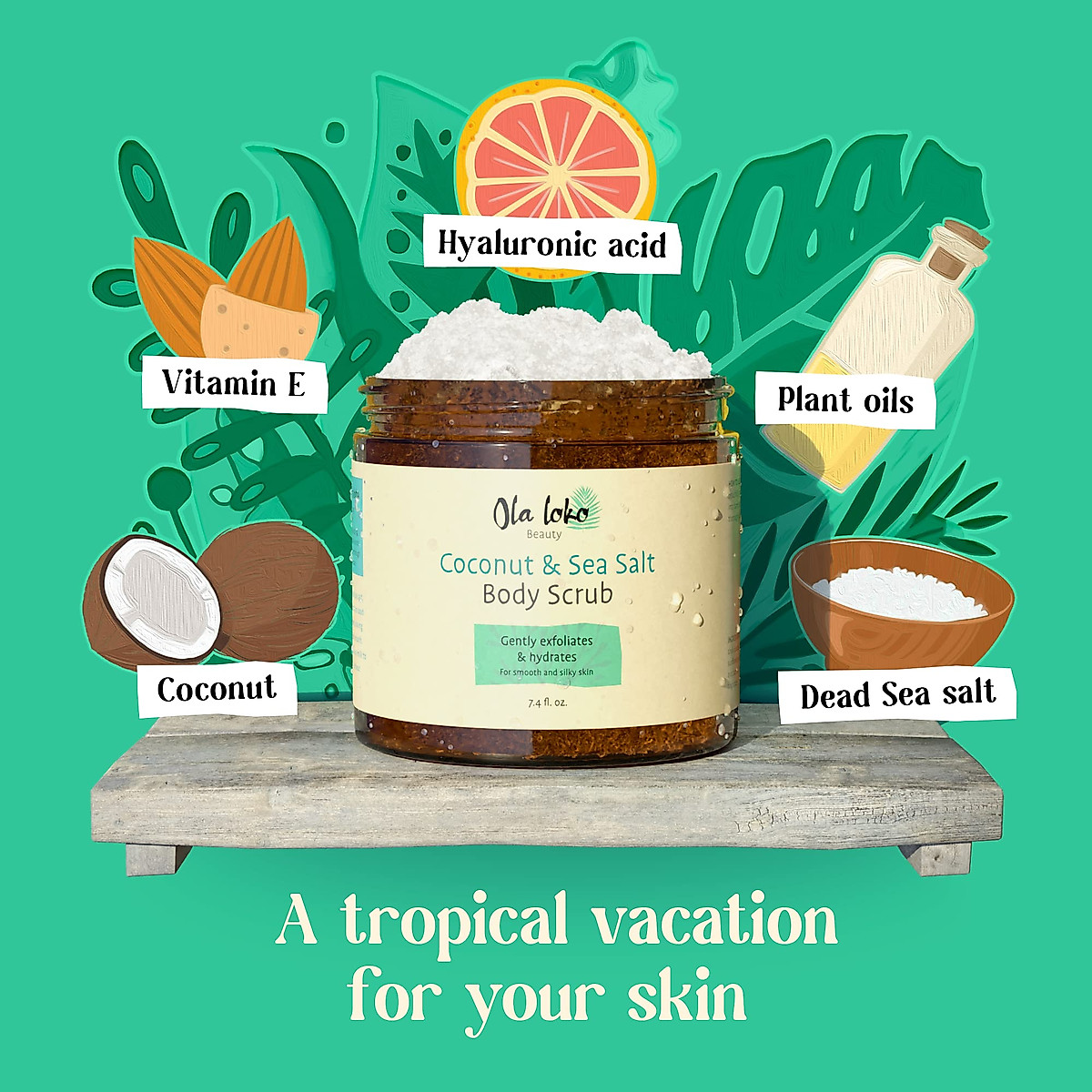 Coconut and Dead Sea Salt Body Scrub - Body Scrub Exfoliator, Scrubs & Body Treatments with Hyaluronic Acid & Vitamin E, Exfoliating Body Scrub to Moisturize & Remove Dead Skin, Exfoliating Scrub