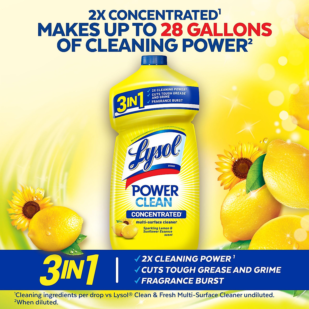 Lysol Multi-Surface Cleaner, Sanitizing and Disinfecting Pour, to Clean and Deodorize, Sparkling Lemon and Sunflower Essence, 40 Fl Oz (Pack of 3)