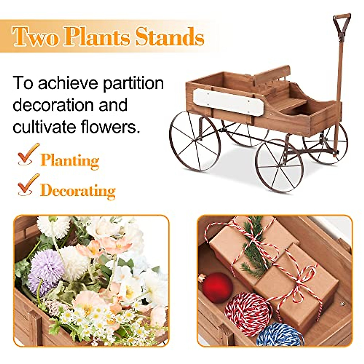 Dragosum Wooden Wagon Wheel Decor, Small Decorated Cart Garden Planter with Divider and Handle, Porch Decorations Indoor/Outdoor Planting Pots, Flower Box Wishing Wells Backyard Balcony Patio Walnut
