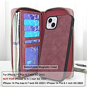 Lacass Case Compatible with iPhone 15 Plus/iPhone 14 Plus, Crossbody Dual Zipper Detachable Leather Wallet Phone case Cover (Wine red)