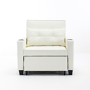 EXZLFA Futon Sofa Bed, 3-in-1 Convertible Sleeper Beds with USB Ports and Cup Holder,Adjustable Backrest Lounge Chair for Living Room，Bedroom,Guest Room (Leather - White)