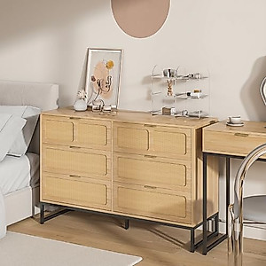 Fiogmub Rattan 6 Drawer Dresser, Chest of Drawers，Modern Mid Century Closet Storage Wood Bamboo Furniture Accent Storage Cabinet Bedroom Living Room Dining Room