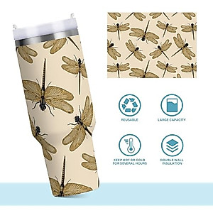 DIGTIA Stainless Steel Insulated Tumbler w/Handle & Straw, Dragonfly Double Wall Vacuum Travel Coffee Mug Cup w/Lid, Leak-Proof Sports Beige Water Bottle,40oz