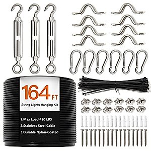 addlon - 164 FT Nylon Coated Stainless Steel Cable Hanging Kit for Outdoor String Lights, Stainless Steel Corrosion Resistant, Outdoor String Light Suspension kit Guide Wire for Patio, Garden