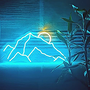 Mountains Neon Sign for Wall Décor, Handmade Neon Lights Wall Art for Home, Apartment, Bedroom Wall, Cafe, Office Decoration, Adjustable Bedroom Signs Gifts with Dimmer, 22X11 inches, Ice Blue- Yellow