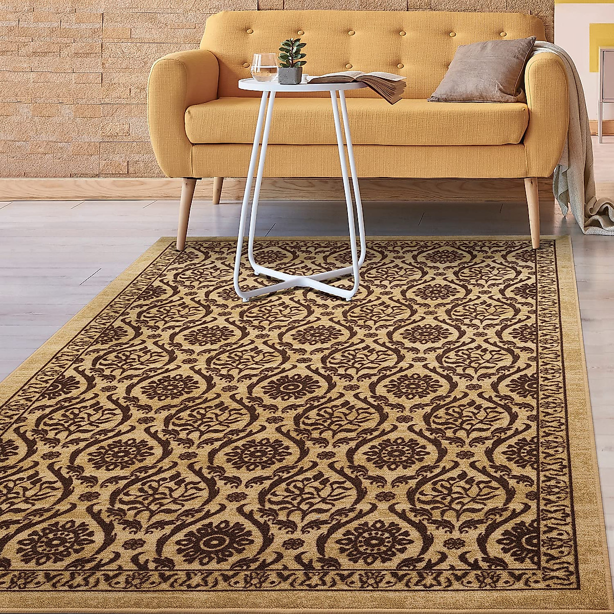Antep Rugs Alfombras Non-Skid (Non-Slip) 8x10 Rubber Backing Floral Geometric Low Profile Pile Indoor Area Rugs (Brown, 7'10" x 10')