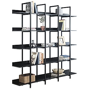 AWQM Triple Wide 5-Tier Bookshelf, Vintage Bookcases and Bookshelves with Metal Frame & Back Fence,Wall Mounted Wood Shelves Open Display Shelves for Living Room Bedroom Home Office,Black