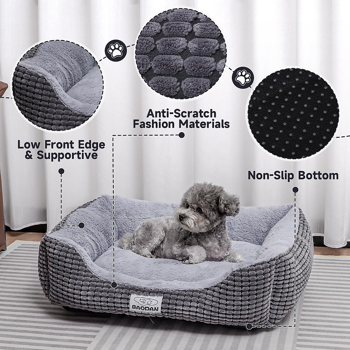 Baodan Dog Bed for Small Dogs, Small Cat Beds for Indoor Cats, Extra Soft Washable Dog Beds, Nonskid Bottom Calming Puppy Beds for Puppy and Kitten, Grey, 20 inches