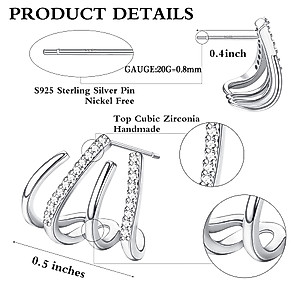 Fansilver 925 Sterling Silver Claw Earrings Cubic Zirconia 14K Gold Plated Cuff Earrings Triple Huggie Illusion Stud Earrings Ear Cuffs Earrings for Women Trendy, Silver